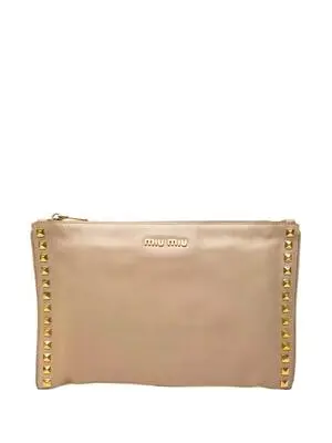Miu Miu 2010-2026 Studded Leather Zip Clutch Bag - Neutrals