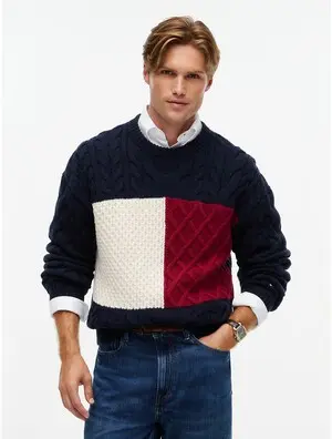 Tommy Hilfiger Wool-blend Cable Knit Flag Sweater - Navy Blue