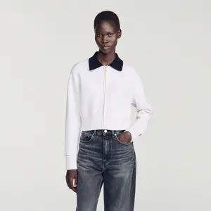 Sandro Cable Knit Velvet Collar Cardigan