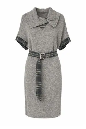 CONQUISTA Belted Knit Dress With Plaid Accents & Soft Collar