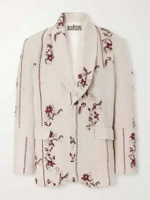 KARTIK RESEARCH Bead-embellished Embroidered Shawl-collar Linen Blazer - Ecru