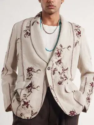 KARTIK RESEARCH Bead-embellished Embroidered Shawl-collar Linen Blazer