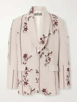 KARTIK RESEARCH Bead-embellished Embroidered Shawl-collar Linen Blazer - Neutrals