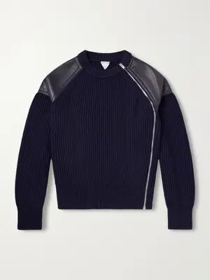 Bottega Veneta Leather-trimmed Ribbed Wool And Cashmere-blend Zip-up Sweater - Blue