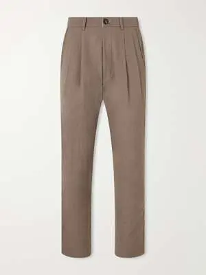 KARTIK RESEARCH Embroidered Pleated Straight-leg Wool-canvas Trousers - Brown