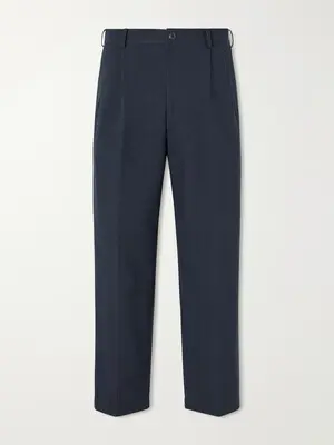 ATON Pleated Tapered Cotton Trousers - Blue