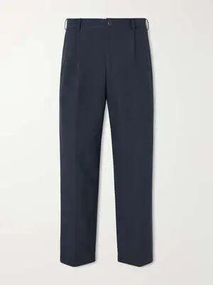 ATON Pleated Tapered Cotton Trousers - Navy