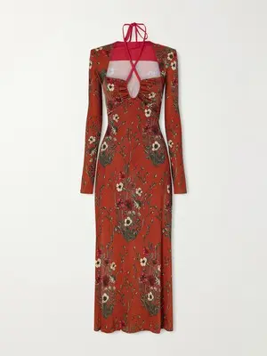 Johanna Ortiz Festive Performance Gathered Floral-print Stretch-jersey Midi Dress - Red