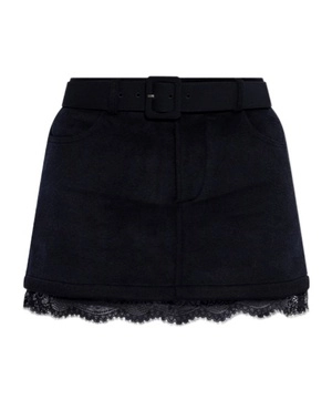SELF-PORTRAIT Belted Lace-trim Skort Shorts - Navy