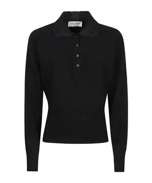 ERMANNO FIRENZE Lace-collar Polo Top - Black