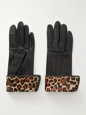 AGNELLE Fannycalf Leopard-print Calf Hair-trimmed Leather Gloves - Black