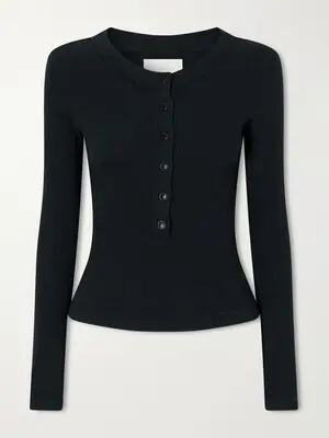 Citizens Of Humanity Varra Ribbed Stretch Cotton And Lyocell-blend Henley Top - Green