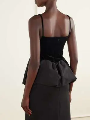 SELF-PORTRAIT Bow-detailed Peplum Satin-trimmed Velvet Top