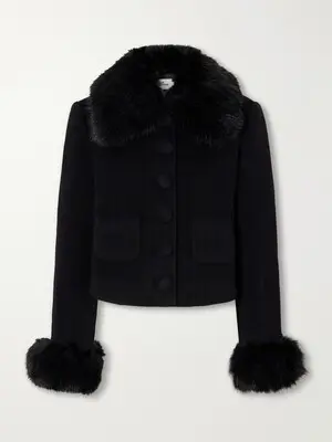 SELF-PORTRAIT Cropped Plush-trimmed Wool-blend Jacket - Black