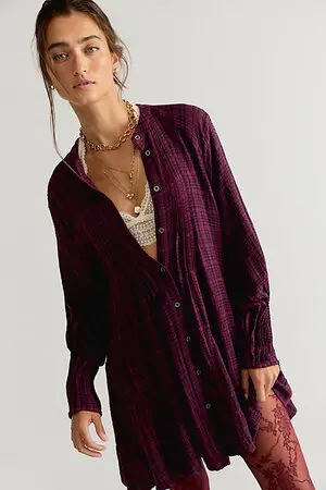 Free People Backroads Plaid Button Down Mini Dress - Plum Combo
