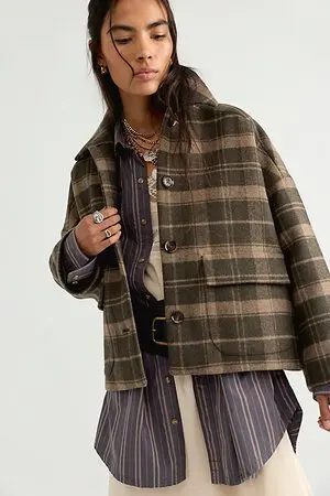 Barbour Myla Checked Wool Coat - Olive