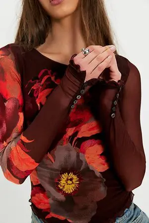 Free People Lilly Printed Boat Neck Long Sleeve Top Cocoa Combo