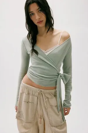 Free People Cashmere Reversible Wrap V-Neck Sweater Sage