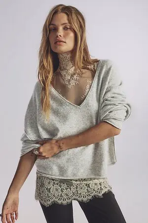 Free People See Me V-Neck Knit Pullover Heather Grey