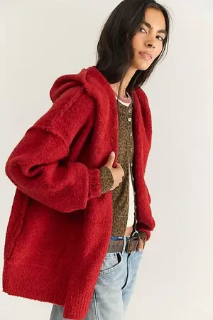 Free People Thistle Hooded Oversized Cardigen Deep Cherry Combo
