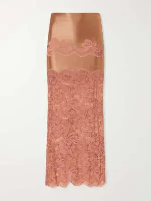 Rabanne Lace-trimmed Stretch-satin Midi Skirt - Camel