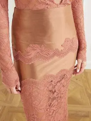 Rabanne Lace-trimmed Stretch-satin Midi Skirt