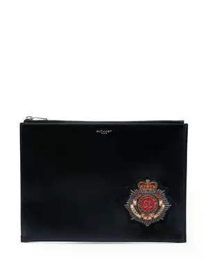 Saint Laurent 2018 Embroidered Crest Calfskin Zippered Clutch Bag - Black