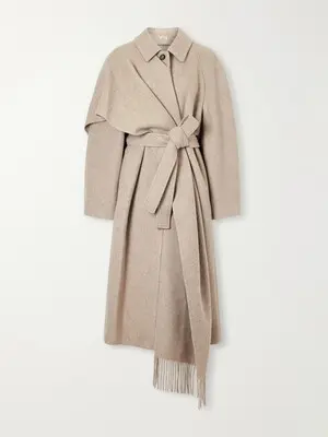 Ossou Canyon Belted Scarf-detailed Fringed Wool-blend Coat - Neutrals