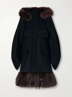 Sacai Padded Plush-trimmed Wool Coat - Black