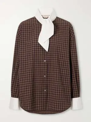 Marni Scarf-detailed Checked Cotton-poplin Shirt - Brown