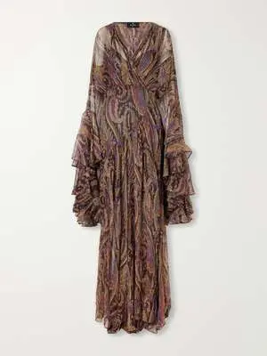 Etro Draped Ruffled Printed Metallic Silk-blend Crepon Maxi Dress - Multi