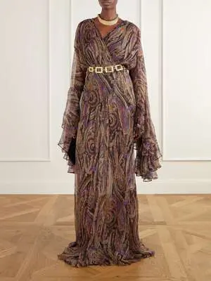 Etro Draped Ruffled Printed Metallic Silk-blend Crepon Maxi Dress
