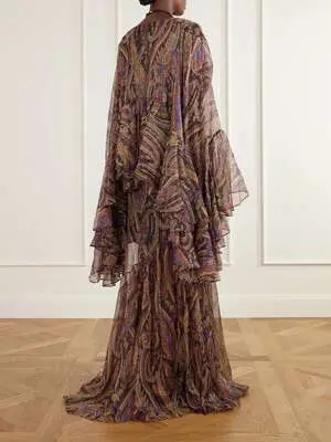 Etro Draped Ruffled Printed Metallic Silk-blend Crepon Maxi Dress