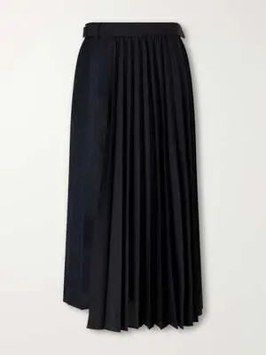 Sacai Pleated Herringbone Wool-blend Midi Skirt - Black