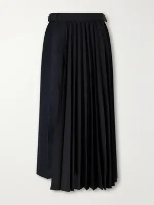 Sacai Pleated Herringbone Wool-blend Midi Skirt - Black