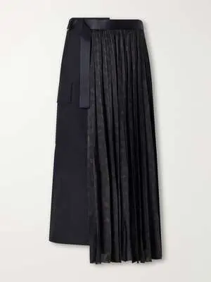 Sacai Pleated Leopard-print Jersey And Satin Midi Skirt - Black