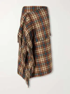 Auralee Asymmetric Fringed Checked Cashmere Wrap Midi Skirt - Multi