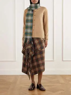 Auralee Asymmetric Fringed Checked Cashmere Wrap Midi Skirt