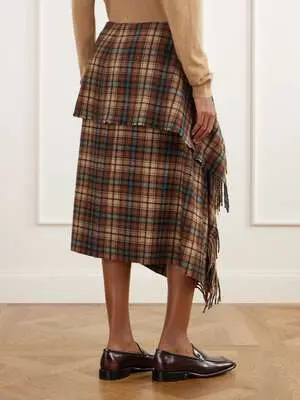 Auralee Asymmetric Fringed Checked Cashmere Wrap Midi Skirt