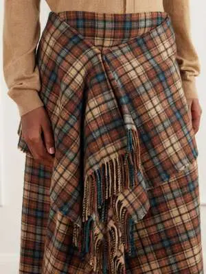 Auralee Asymmetric Fringed Checked Cashmere Wrap Midi Skirt