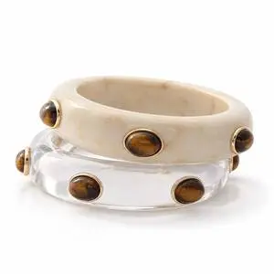 HYE JANE JEWELRY White / Brown Adler Resin & Semiprecious Gemstone Bangle Set| Clear And Ivory Resin & Tigers Eye - White/brown