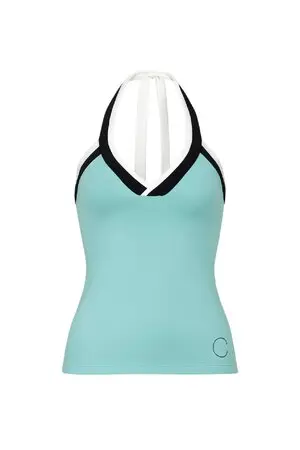 CONQUISTA Colorblock Halter Neck Top In Micromodal Jersey With Rhinestone Detail - Blue