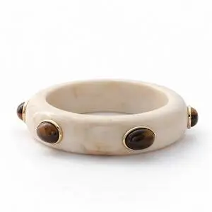 HYE JANE JEWELRY White / Brown Adler Resin & Semiprecious Gemstone Bangle - White/brown