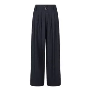 TRIONA Navy Houndstooth Alannah Pleated Merino Wool Trousers