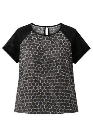 CONQUISTA Grey Geometric Print Top With Contrast Sleeves
