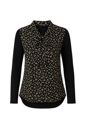 CONQUISTA Long-sleeve Top With Delicate Floral Print & Tie-neck Detail - Black