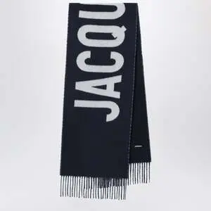 Jacquemus Navy Blue Wool Scarf With Logo Blue
