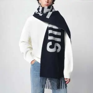Jacquemus Navy Wool Scarf With Logo - Blue