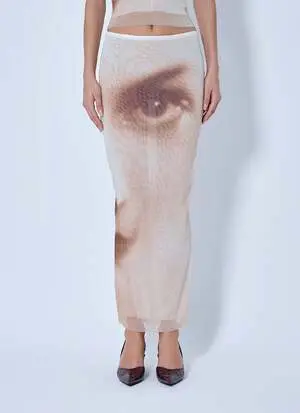 JEAN PAUL GAULTIER Mesh Printed Face Long Skirt - Cream