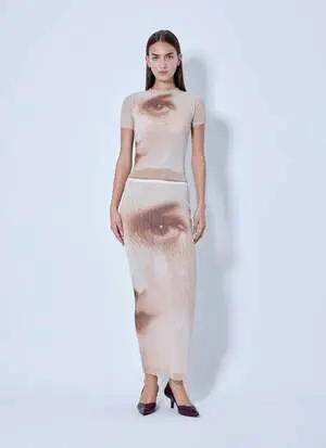 JEAN PAUL GAULTIER Mesh Printed Face Long Skirt